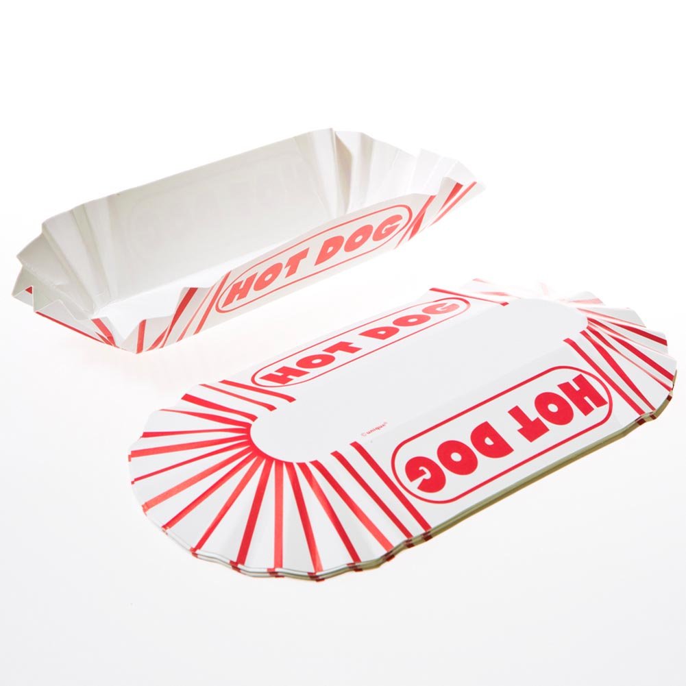 Unique Striped Paper Hot Dog Trays, 8" x 4", Red & White