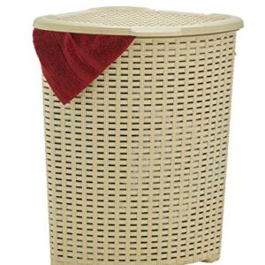 Superio Corner Laundry Hamper Basket With Lid 50 Liter, Beige Wicker Hamper - Durable, Lightweight Bin With Cutout Handles, Storage Dirty Cloths, Space Saver Curved Shape Design