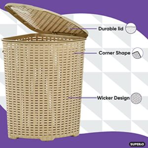 Superio Corner Laundry Hamper Basket With Lid 50 Liter, Beige Wicker Hamper - Durable, Lightweight Bin With Cutout Handles, Storage Dirty Cloths, Space Saver Curved Shape Design