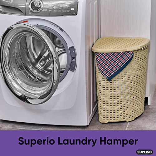 Superio Corner Laundry Hamper Basket With Lid 50 Liter, Beige Wicker Hamper - Durable, Lightweight Bin With Cutout Handles, Storage Dirty Cloths, Space Saver Curved Shape Design