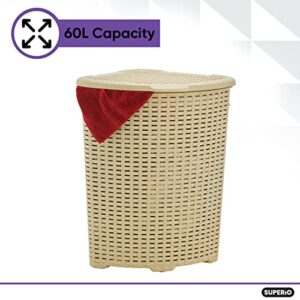 Superio Corner Laundry Hamper Basket With Lid 50 Liter, Beige Wicker Hamper - Durable, Lightweight Bin With Cutout Handles, Storage Dirty Cloths, Space Saver Curved Shape Design