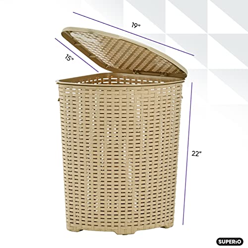 Superio Corner Laundry Hamper Basket With Lid 50 Liter, Beige Wicker Hamper - Durable, Lightweight Bin With Cutout Handles, Storage Dirty Cloths, Space Saver Curved Shape Design