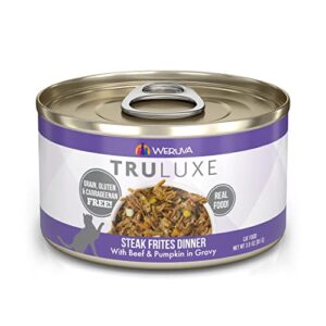 weruva truluxe cat food, steak frites dinner with beef & pumpkin in gravy, 3oz can (pack of 24), purple