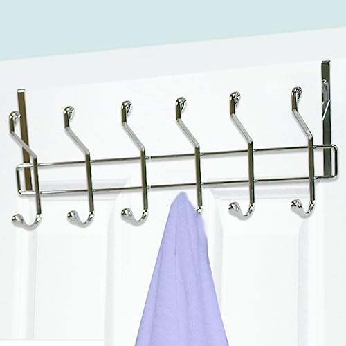 Home Basics Wave 6 Hook Over The Door Rack for Bathroom, Bedroom or Closet Hanging Coat, Robes, Hats, Bags & Towel, Sturdy Heavy-Duty Clothes Organizer Storage, Satin Nickel