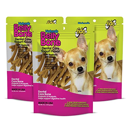 Fido Belly Bones for Dogs, Yogurt Flavored Mini Dog Dental Treats - 21 Treats Per Pack (3 Pack) - for Small Dogs (Made in USA) - Plaque and Tartar Control for Fresh Breath, Digestive Health Support