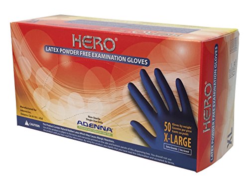 Adenna HER008 Hero 14 mil Powder-Free Latex Gloves, Extended Cuff, Medical Grade, Blue, X-Large, Box of 50