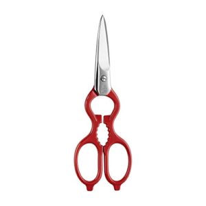 zwilling kitchen shears, multi-purpose, bottle opener, jar lid lifter, dishwasher safe, heavy duty, forged stainless steel blades, red 7.9-inch