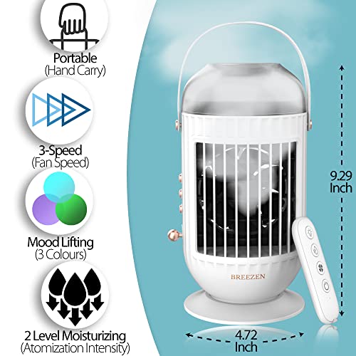 Portable Air Conditioner Fan- BREEZEN 3 Speed Personal Evaporative Air Cooler with Remote Controller and 3 Colours LED Night Light- Quiet Air Humidifier Leakproof Misting Fan for Home, Desk, Office, Bedroom, Car and Camping Tent.