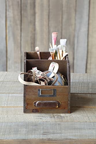 Creative Co-Op Vintage Wood Filing Box with 2 Compartments, Handle, and Label Holder, Brown