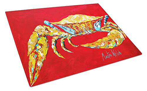 Caroline's Treasures MW1116LCB Crab Blue on Red, Sr Glass Cutting Board Large Decorative Tempered Glass Kitchen Cutting and Serving Board Large Size Chopping Board