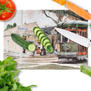 Caroline's Treasures 8108LCB New Orleans Street Car Glass Cutting Board Large Decorative Tempered Glass Kitchen Cutting and Serving Board Large Size Chopping Board