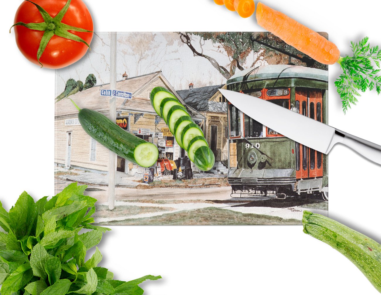 Caroline's Treasures 8108LCB New Orleans Street Car Glass Cutting Board Large Decorative Tempered Glass Kitchen Cutting and Serving Board Large Size Chopping Board