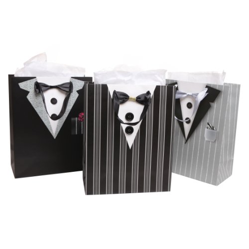 MyGift Decorative Gift Bags and Tissue with Tuxedo Design for Groomsmen, Birthday, Anniversary, Set of 3