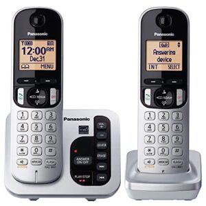 panasonic dect 6.0 expandable cordless phone with answering machine and call block and caller id - 2 cordless handsets - kx-tgc222s (silver)