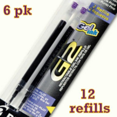 Pilot G2 Gel Ink Refill, for Rolling Ball Pens, Fine Point, Purple Ink (6 Packs of 2 Refills each)