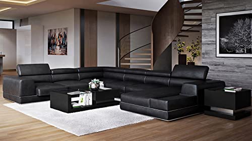 Zuri Furniture Wynn Black Leather Sectional Sofa with Adjustable Headrests - Right Chaise