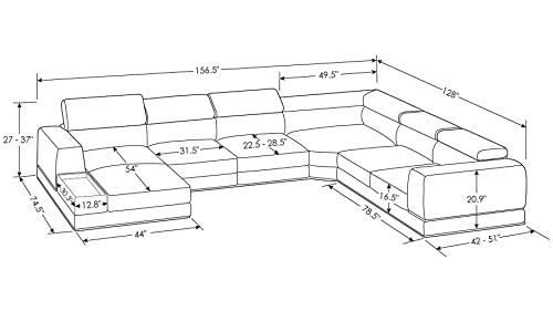 Zuri Furniture Wynn Black Leather Sectional Sofa with Adjustable Headrests - Right Chaise