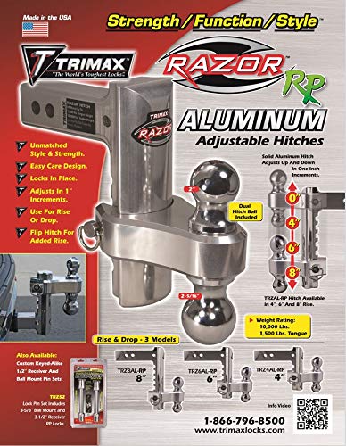 Trimax TRZ4ALRP 4" Aluminum Adjustable Hitch with Dual Hitch Ball and Receiver Adjustment Pin, Silver