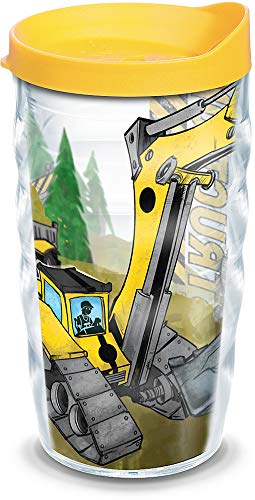 Tervis Construction Trucks Plastic Insulated Tumbler with Wrap and Yellow Lid, 10oz Wavy, Clear