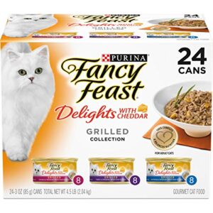 purina fancy feast gravy wet cat food variety pack, delights with cheddar grilled collection - (24) 3 oz. cans