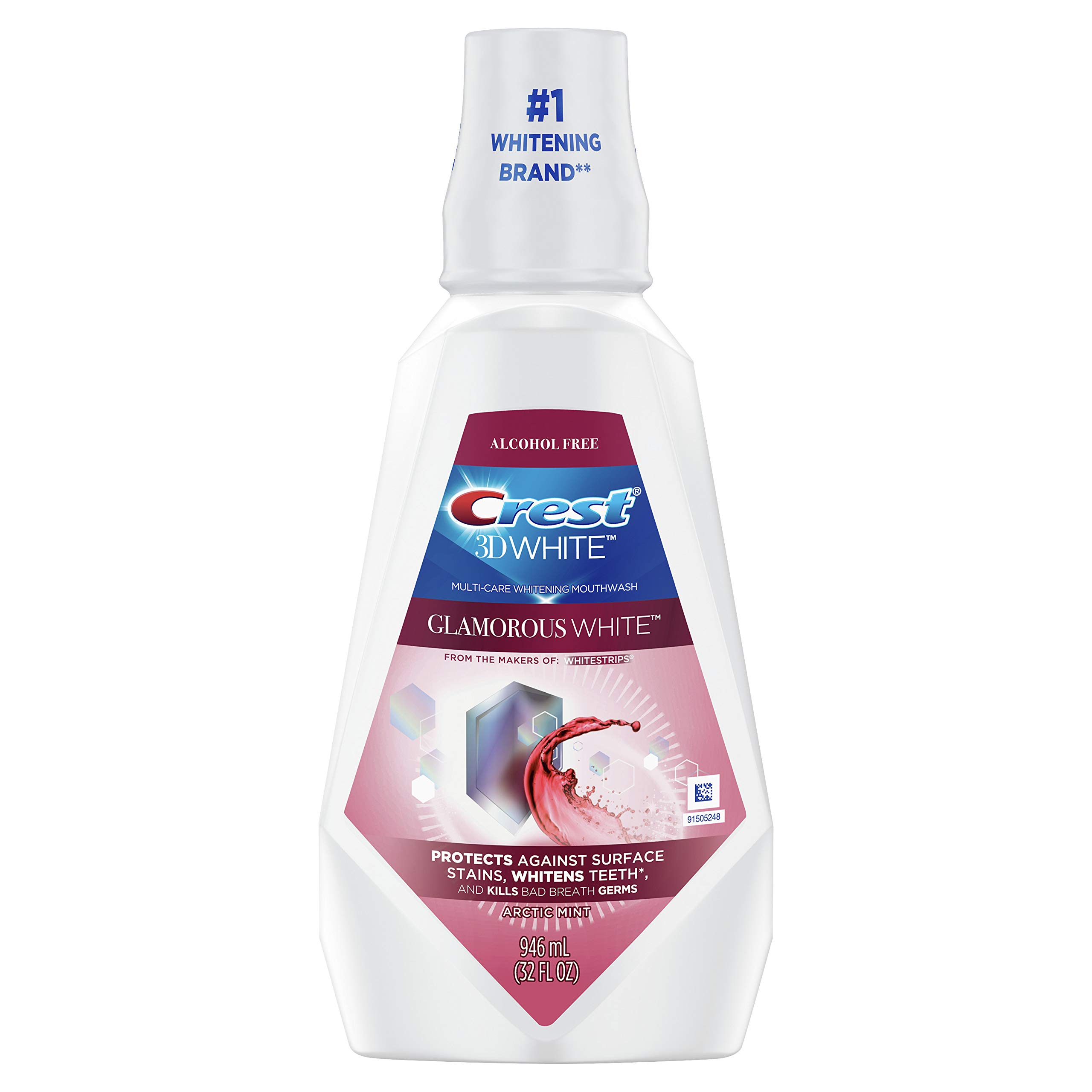 Crest 3D White Glamorous White Mouthwash, Alcohol Free Multi-Care Whitening Mouthwash, Arctic Mint, 32 fl oz (946 mL)