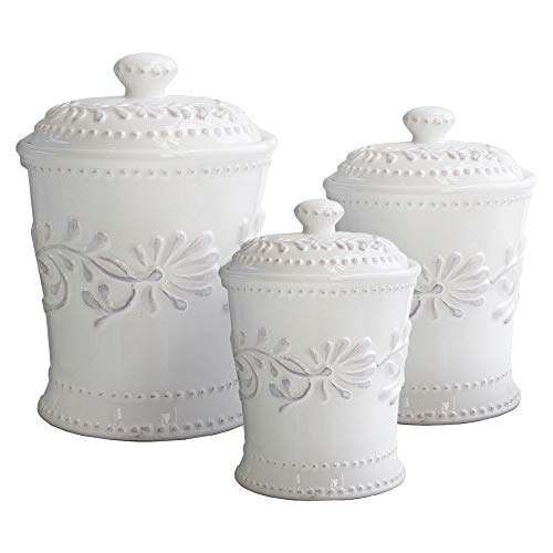 American Atelier Bianca Leaf Canister Set 3-Piece Ceramic Jars in 20oz, 48oz and 80oz Chic Design With Lids for Cookies, Candy, Coffee, Flour, Sugar, Rice, Pasta, Cereal & More