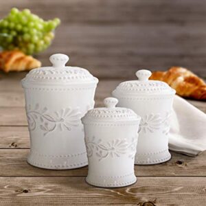 American Atelier Bianca Leaf Canister Set 3-Piece Ceramic Jars in 20oz, 48oz and 80oz Chic Design With Lids for Cookies, Candy, Coffee, Flour, Sugar, Rice, Pasta, Cereal & More