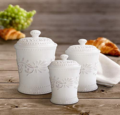 American Atelier Bianca Leaf Canister Set 3-Piece Ceramic Jars in 20oz, 48oz and 80oz Chic Design With Lids for Cookies, Candy, Coffee, Flour, Sugar, Rice, Pasta, Cereal & More