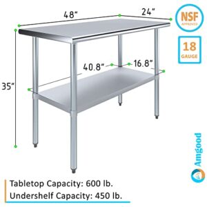 AmGood Stainless Steel Work Table with Undershelf | Kitchen Island Food Prep | Laundry Garage Utility Bench | NSF Certified (48" Long x 24" Deep)