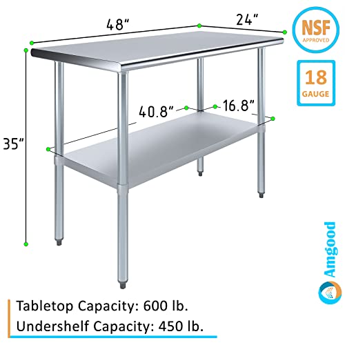 AmGood Stainless Steel Work Table with Undershelf | Kitchen Island Food Prep | Laundry Garage Utility Bench | NSF Certified (48" Long x 24" Deep)