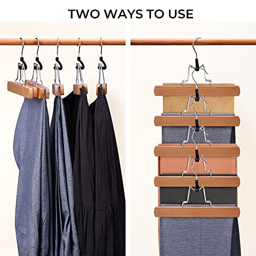 JS HANGER Wood Pants Hangers, 12 Pack Non Slip Wood Skirt Hangers, Smooth Finish Wood Jeans/Slack Hanger with 360° Swivel Hook, Natural Finish