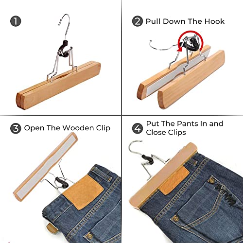 JS HANGER Wood Pants Hangers, 12 Pack Non Slip Wood Skirt Hangers, Smooth Finish Wood Jeans/Slack Hanger with 360° Swivel Hook, Natural Finish