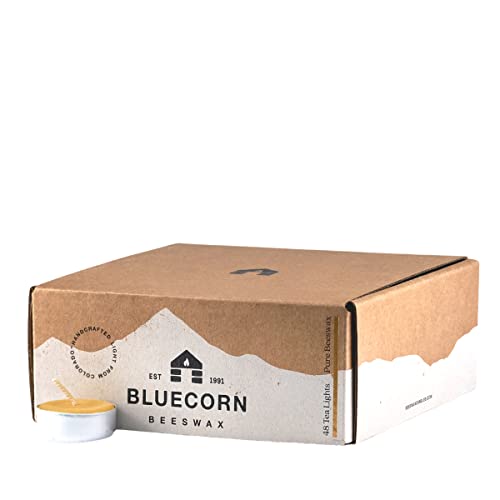 Bluecorn 100% Pure Beeswax Tea Lights in Metal Cups - Bulk Candles (48-Pack) - Tealight Candles - Beeswax Candles - Handmade in Colorado Since 1991