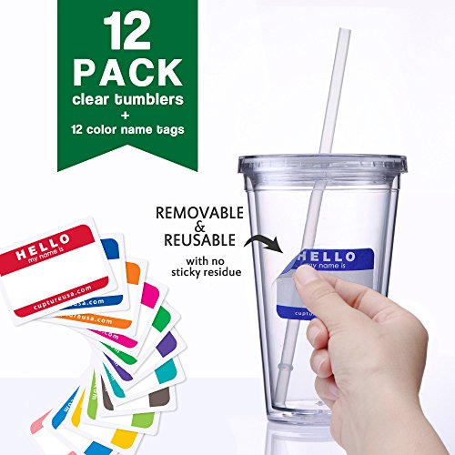 Cupture Classic 12 Insulated Double Wall Tumbler Cup with Lid, Reusable Straw & Hello Name Tags - 16 oz, Bulk Pack (Clear)