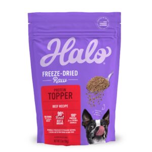 halo freeze dried raw topper, beef protein recipe, freeze dried raw, real meat topper, all life stages, 3.5-oz bag