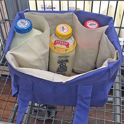 Simple Ecology Organic Cotton Deluxe Reusable Grocery Shopping Bag with Bottle Sleeves and Rigid Bottom Support (UPDATED DESIGN) - Blue 3 Pack