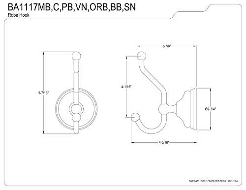 Kingston Brass BAK1117C Victorian Robe Hook, 4-5/8 inch Length, Polished Chrome