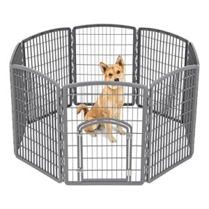 iris usa 34" exercise 8-panel pet playpen with door, dog playpen, for small, medium, and large dogs, keep pets secure, easy assemble, rust-free, heavy-duty molded plastic, customizable, gray