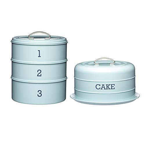 Kitchen Craft Living Nostalgia 3-Tier Metal Cake Storage Tin, 22 x 27 cm (8.5 x 10.5 Inches) - Vintage Blue