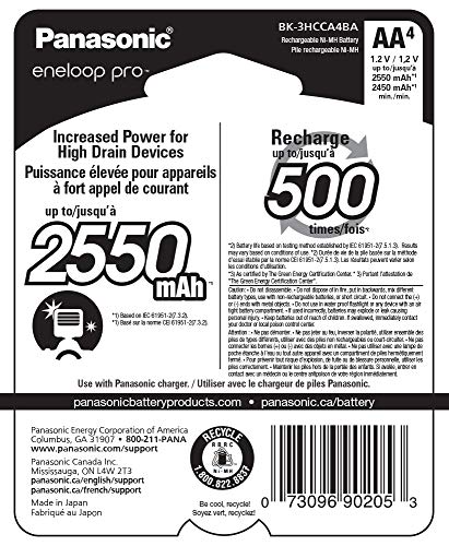 Panasonic BK-3HCCA4BA eneloop pro AA High-Capacity Ni-MH Pre-Charged Rechargeable Batteries, 4-Battery Pack