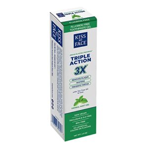 kiss my face triple action herbal mint gel toothpaste, sls and fluoride free, removes plaque, prevents tartar, and whitens teeth, with added tea tree oil, no artificial colors or flavors, 4.5 oz