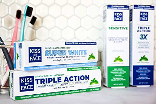 Kiss My Face Triple Action Herbal Mint Gel Toothpaste, SLS And Fluoride Free, Removes Plaque, Prevents Tartar, And Whitens Teeth, With Added Tea Tree Oil, No Artificial Colors Or Flavors, 4.5 oz