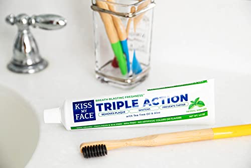 Kiss My Face Triple Action Herbal Mint Gel Toothpaste, SLS And Fluoride Free, Removes Plaque, Prevents Tartar, And Whitens Teeth, With Added Tea Tree Oil, No Artificial Colors Or Flavors, 4.5 oz