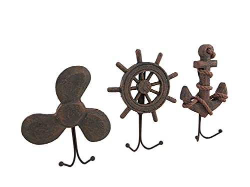 Things2Die4 Set of 3 Weathered Finish Anchor Prop and Wheel Nautical Wall Hooks