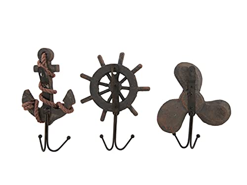 Things2Die4 Set of 3 Weathered Finish Anchor Prop and Wheel Nautical Wall Hooks