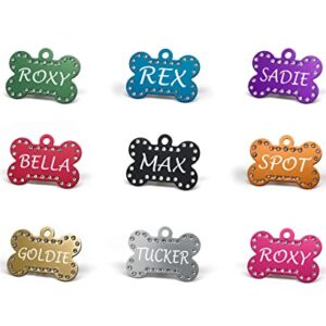 Custom Engraved Pet ID Tags with Swarovski Crystal - 1.5" Long x 1" Tall, Anodized Aluminum, Bone Shape, Pink