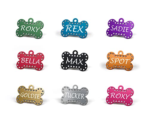 Custom Engraved Pet ID Tags with Swarovski Crystal - 1.5" Long x 1" Tall, Anodized Aluminum, Bone Shape, Pink