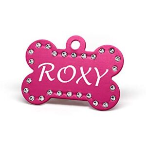 Custom Engraved Pet ID Tags with Swarovski Crystal - 1.5" Long x 1" Tall, Anodized Aluminum, Bone Shape, Pink