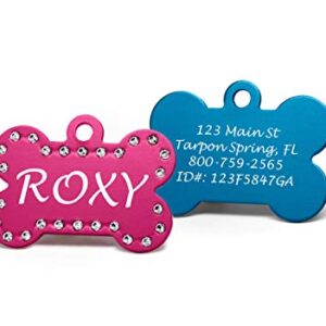 Custom Engraved Pet ID Tags with Swarovski Crystal - 1.5" Long x 1" Tall, Anodized Aluminum, Bone Shape, Pink