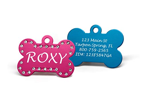 Custom Engraved Pet ID Tags with Swarovski Crystal - 1.5" Long x 1" Tall, Anodized Aluminum, Bone Shape, Pink